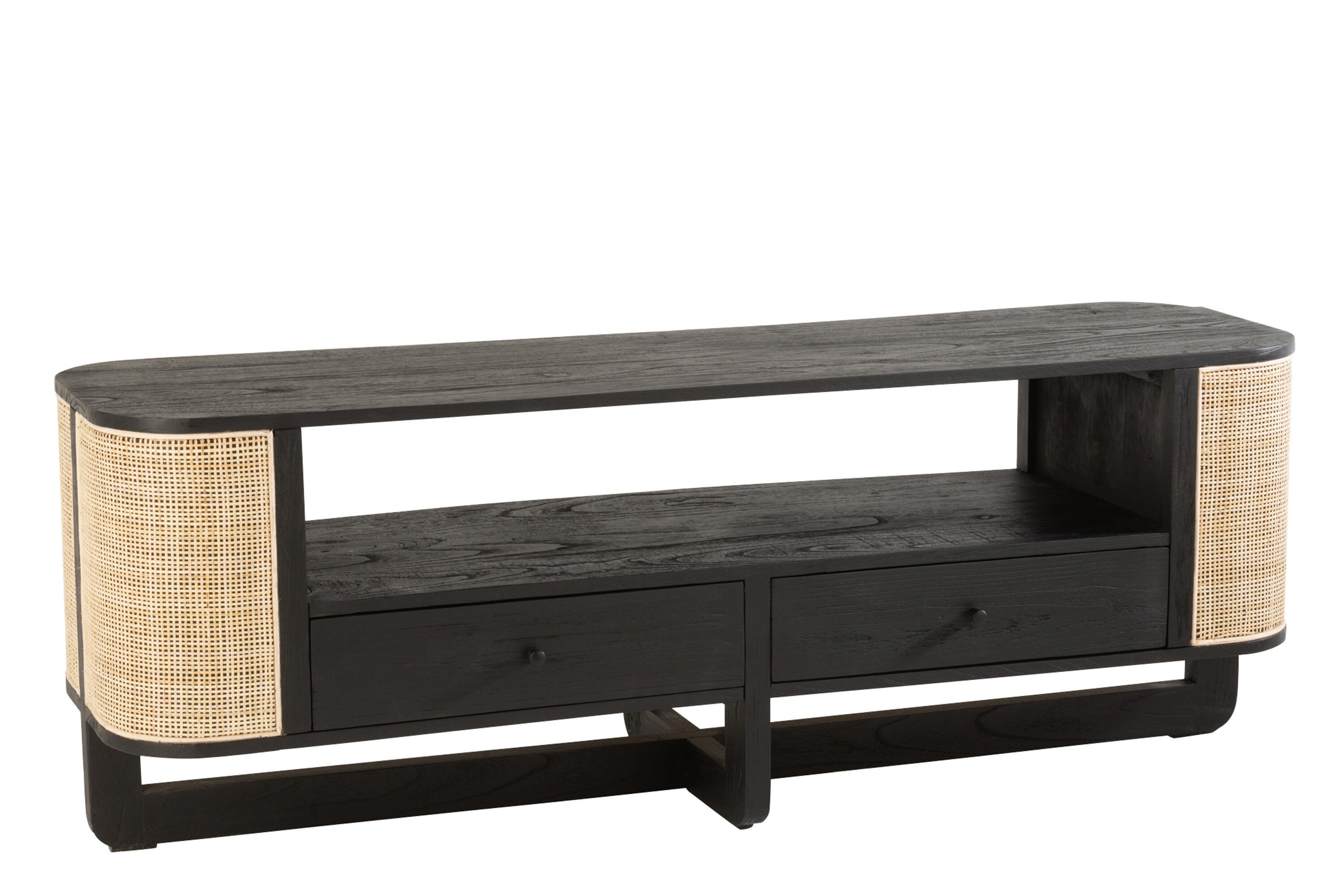Meuble télé bas moderne en bois noir et rotin SAVANA - 3482